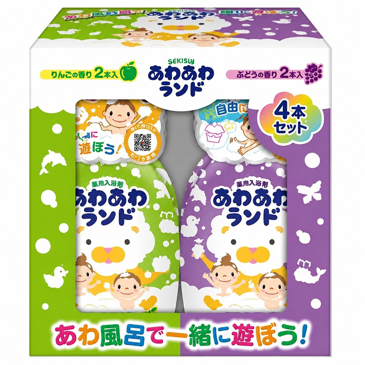 ■商品内容 ふわふわ泡が楽しめる液体タイプの入浴液。 モモの葉エキス（保湿成分）配合。 りんごの香り×2本　ぶどうの香り×2本 1本300mL ・ご自宅のお風呂でふわふわ泡が楽しめる液体タイプの泡入浴液。 ・ふわふわ泡が湯面に広がり、大切な...