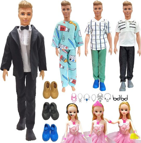 【商品名】Barbie バービーケン人形の人形服とアクセサリー、4つの衣装 + 3ペアの靴 + 56 PCSドールアクセサリー、ボーイズガールズギフトDoll Clothes and Accessories for Barbie Ken D...