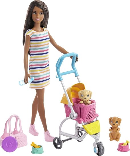 【商品名】Barbie バービー散歩 'nブルネット人形（11.5インチ）、子犬2匹、ペットベビーカーとアクセサリー、3-7歳の贈り物、ピンクと一緒にプレイセットをプレイするBarbie Stroll ‘n Play Pups Playse...