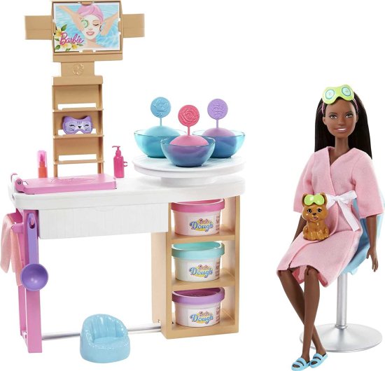 【商品名】Barbie バービーフェイスマスクスパデイプレイセットブルネットバービー人形、子犬、バービー生地の3つの浴槽、10以上のアクセサリーを使用して、人形と子犬に顔の傷を作り出して取り除き、3-7歳の子供向けの贈り物Barbie Fa...