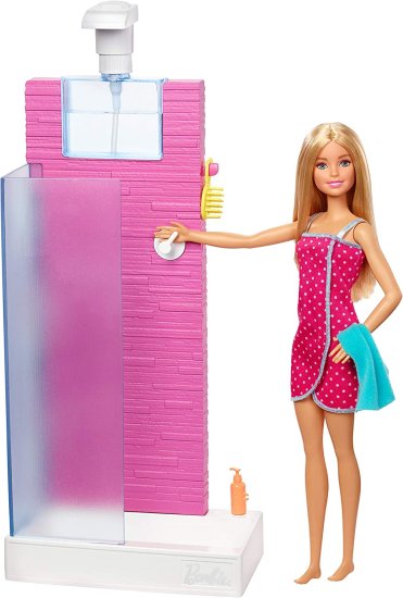 【商品名】Barbie バービー人形と家具セット、作業シャワー付きのバスルームと3つのバスアクセサリー、3-7歳のギフトセットBarbie Doll and Furniture Set, Bathroom with Working Show...