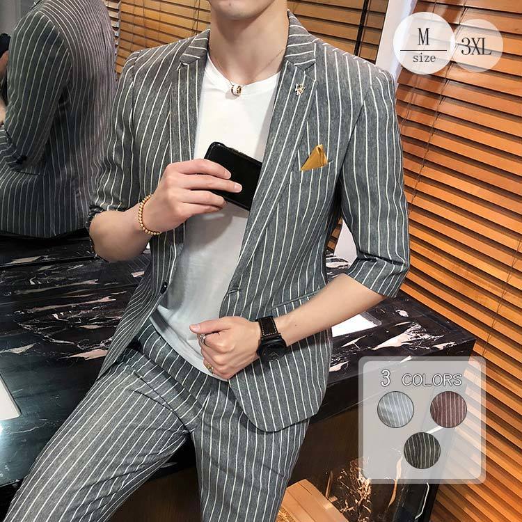 「送料無料」2ピーススーツ メンズ カジュアルスーツ ビジネススーツ テーラードジャケット ストライプ 七分袖 スタイリッシュスーツ ビジネススーツ テーラードジャケット ストライプ 七分袖 スタイリッシュスーツ 紳士服 2点セット 新作 ...