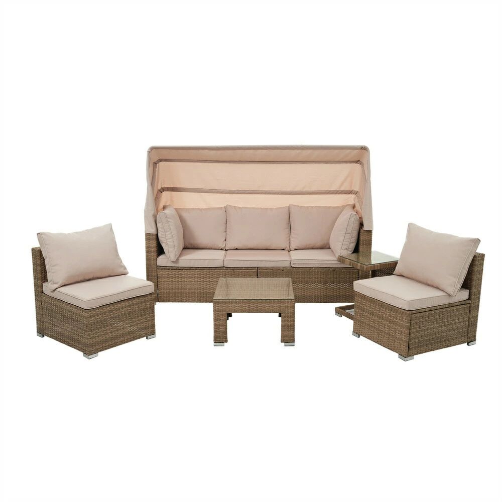 2025年最新モデル パラソル付き ガーデンファニチャー 5点 ガーデン テーブル チェアー ラタン調 テーブル 樹脂 家具 北欧 屋外家具 ホテル カフェ ベランダ テラス 高級 テラス ソファ ガーデンソファー ガーデニング 新作商品の...