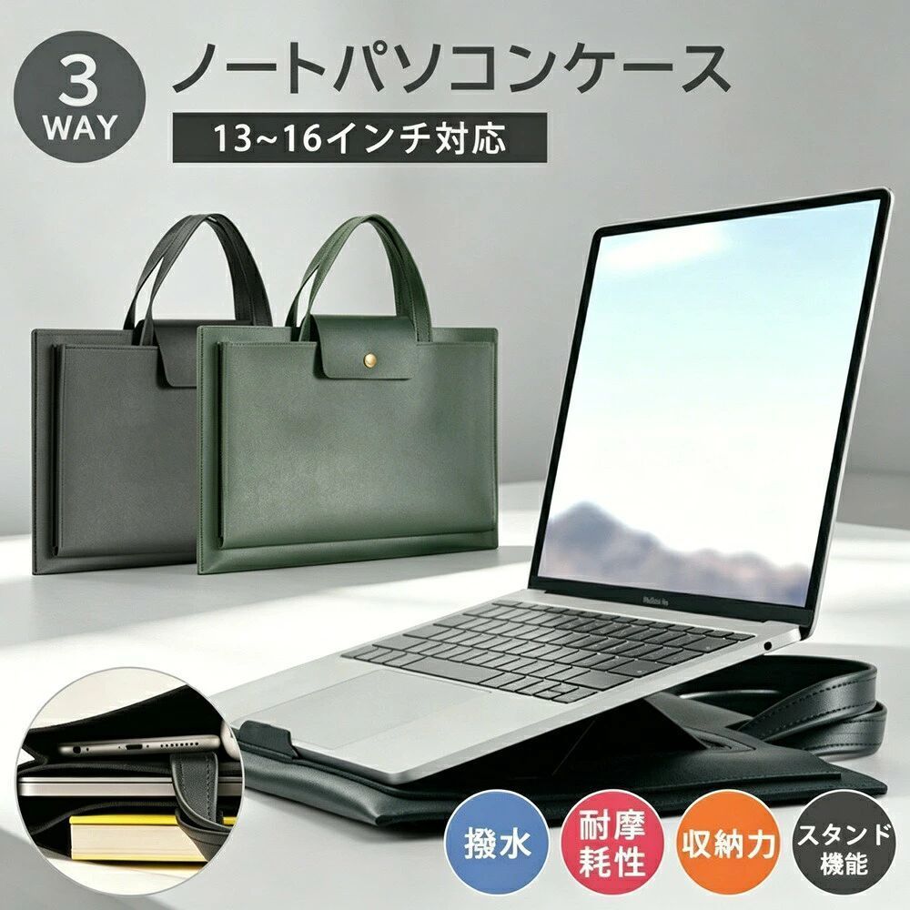 商品説明（daysunny）【キーワード】ノートパソコンケース／PCケース／16インチ対応／3層独立収納／ビジネス書類分離／スタンド機能／超撥水防汚加工／カフェ／新幹線／出張／グリーン／ブラック【こんなお悩みありませんか？】ノートPCと書類...