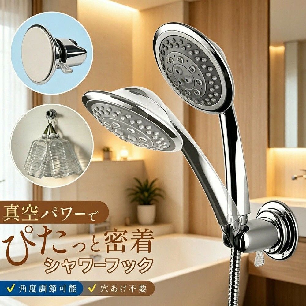 商品詳細商品名：シャワーフック直径：約83mm／高さ：約85mm／ホルダー内径：約20〜23mm材質：本体＝ABS/POM／吸盤部＝ポリカーボネート耐荷重：約10kg（平滑面の参考値）カラー：シルバー取付方式：真空式吸盤（レバー固定）特徴：...
