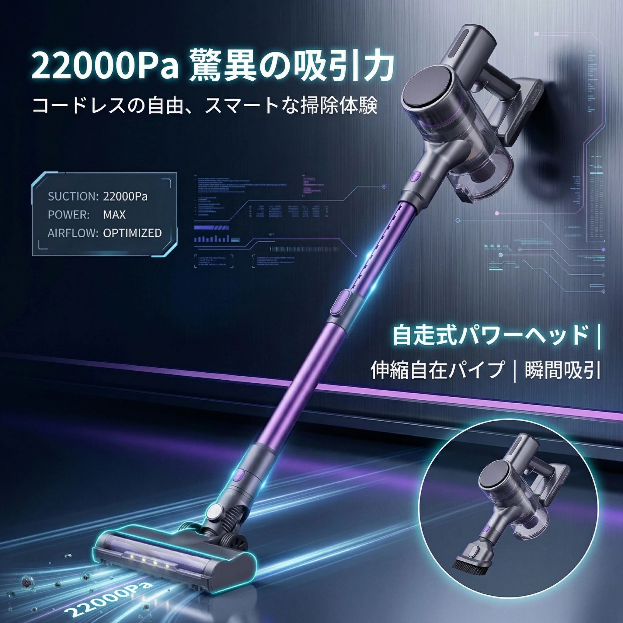 強力吸引＆軽量設計 コードレス掃除機 快適で効率的な家庭用クリーニングを実現 日々の掃除をもっと簡単に、もっと快適に。こちらのコードレス掃除機は、強力な吸引力と軽量設計、さらに多機能ブラシと高性能フィルターシステムを搭載し、家中のあらゆる場...