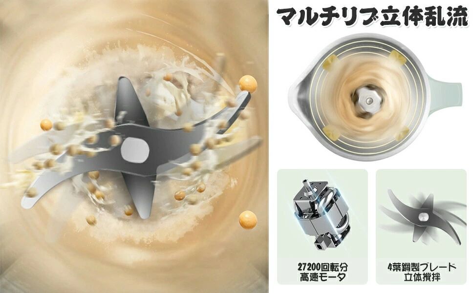 一台多役：この小型豆乳メーカーは豆乳だけではなく、ほかのメニューもあります。このミキサーでジュース、お粥、スームージーやスープなども作れます。赤ちゃんの離乳食などの様々な食材を素早く粉砕し、豊富なお料理に活用できます。家族が好きなものをこの...
