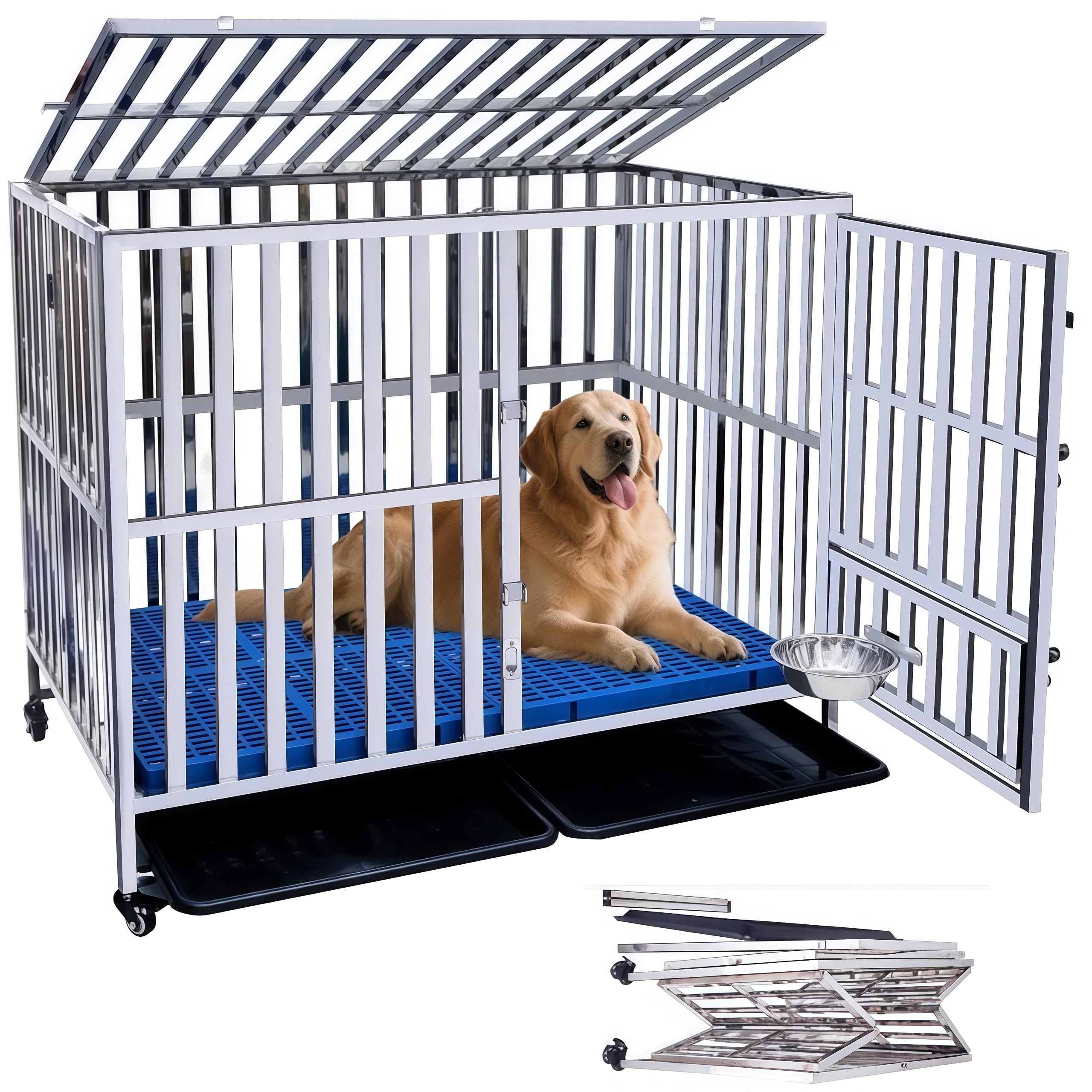 【頑丈で耐久性】犬ゲージ高品質のステンレス鋼で作られ、頑丈で耐摩耗性があり、犬がかじることによる変形を心配する必要はありません。ケージの底部は強い耐荷重性能があり、約250kgの犬にも耐えられ、愛犬が安心して過ごせます。サビにも強く室外室内...