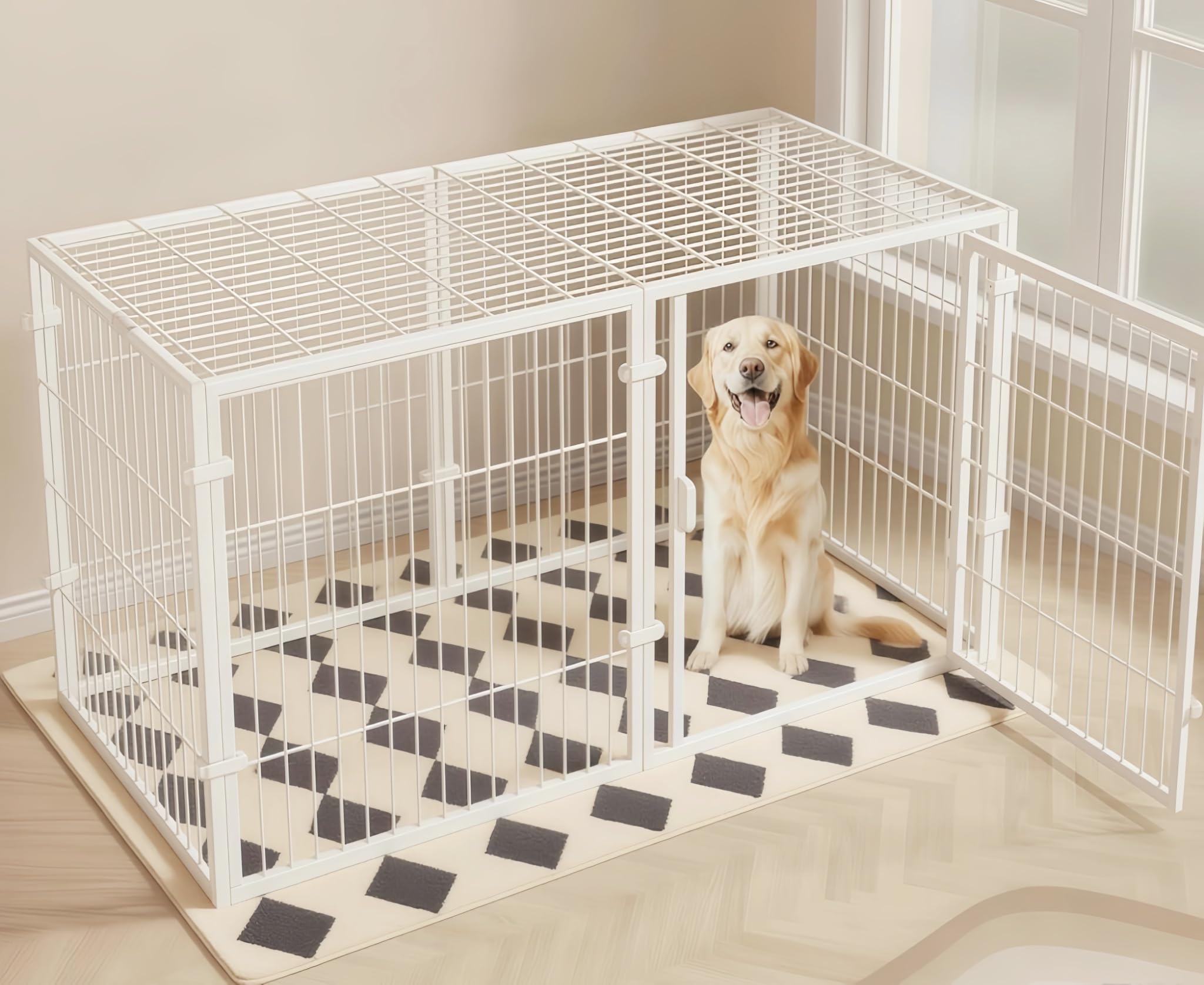 【丈夫な素材】犬用ケージは角管強化設計を採用し、バリのない滑らかな表面、頑丈で耐摩耗性があり、犬がかじることによる変形を心配する必要はありません。サビにも強く室外室内両方に兼用します。【敷居のないデザイン】敷居のない玄関ドアは、ペットが自由...