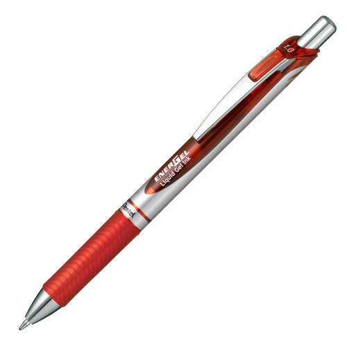 エナージェルインキ採用。 軽くなめらかな書き味。濃くはっきりとした文字が書け、 速記にも強く、乾きも速い。ノックしてすばやく書けます。 ●ボール径：1.0mm（砲弾チップ） ●インキ色：赤 ●軸色：シルバー ●インキ成分：水性染料 ●機構：...