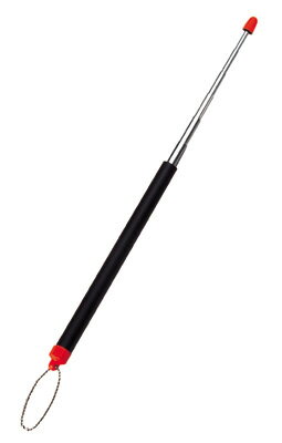 伸縮自在。会議や研修に便利な指示棒。 ●サイズ：24〜約120cm、直径16mm ●質量：140g ●材質：真ちゅう・ニッケルメッキ ●内容：吊り下げに便利なチェーン付　