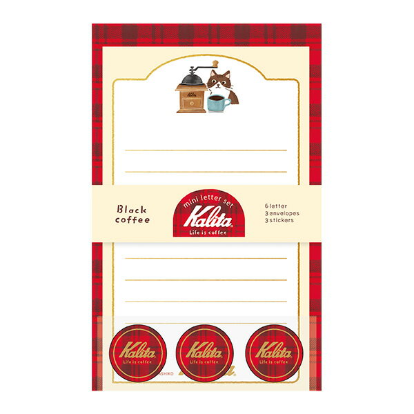 コーヒーとねことカリタと。今日の1杯、ほっとする時間。 コーヒー機器総合メーカー「Kalita（カリタ）」とのコラボシリーズ第二弾です。 箔押しの枠と罫線がおしゃれなレターセット。 大切な人へのお手紙に、ちょっぴり特別なかわいさを添えること...