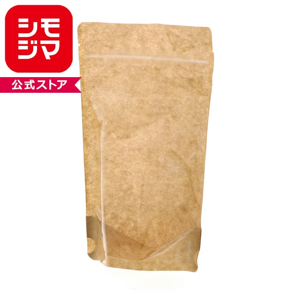 人気のクラフトタイプのチャック付スタンド袋です。表面が透明で中身が見えるタイプです。底マチ付きで自立します。表面はクラフト紙で内側はCP素材で防湿性・機密性に優れ、保存に最適です。ノッチ（切り込み）付き。乾燥農産加工品、乾燥海産加工品、健康...