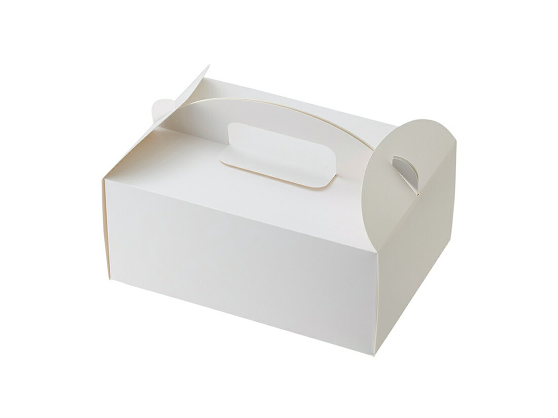 1購入あたりの内容量：50枚［規格］150×210×H90＋取手50mm［素材］カード紙晒［機能・特徴］取っ手部分がアーチ型で持ちやすいキャリータイプのケーキ箱です。シンプルなホワイトカラー。組み立て式で在庫スペースの削減に貢献します。カッ...