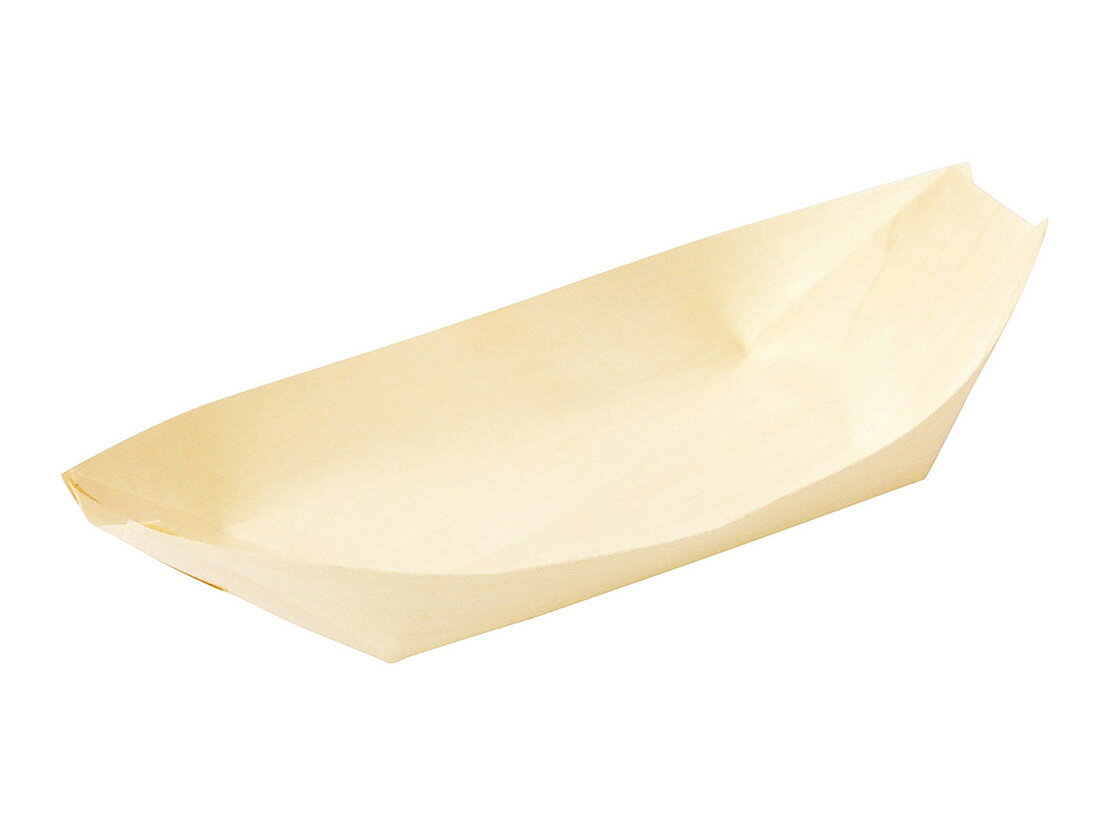 1購入あたりの内容量：1枚［規格］約250x125xH55mm［素材］ポプラ［機能・特徴］たこ焼きや揚げ物はもちろん、小さなお菓子や和菓子などをのせるのにぴったりの舟皿。天然木を使用しており、環境にもやさしい容器です。水分の多い食品をのせな...