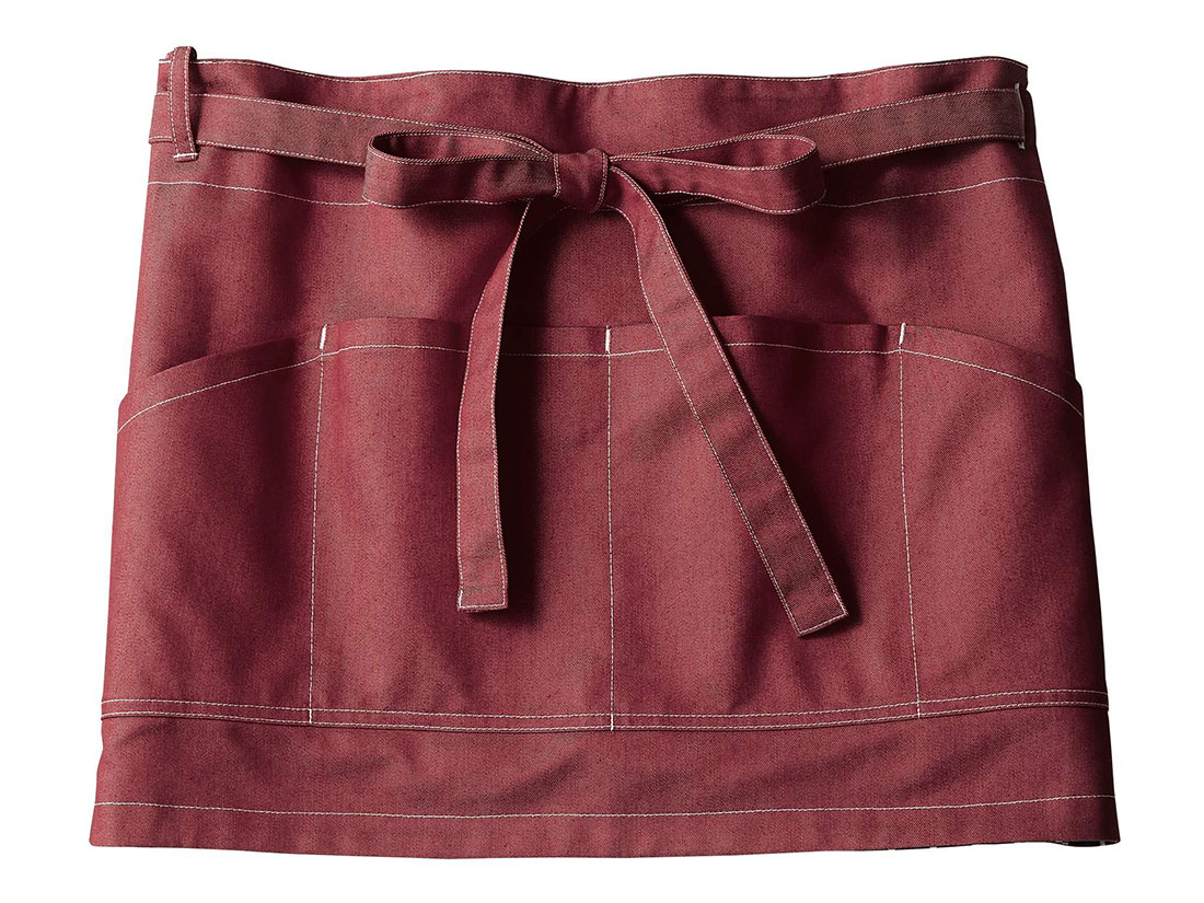 こちらの商品は1枚単位での販売となります。［規格］フリー ［色］レッド/チャコールストライプ［素材］デニム(綿60%、ポリエステル40%)、ストライプツイル(ポリ100%)赤いデニム調素材とストライプツイルがリバーシブルになった腰下エプロン...