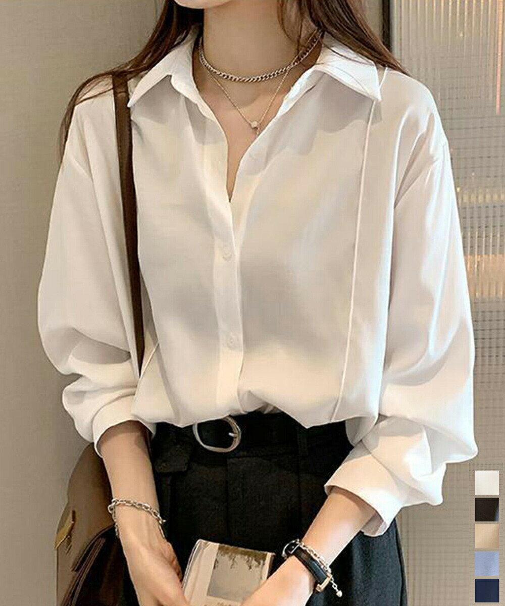 大人かわいい トップス オフィスカジュアル Vネックシャツ 体型カバー 春秋夏服 着やせ ゆったりブラウス 無地 韓国風軽やかな素材感と美しい落ち感が魅力の襟付きシャツブラウス。ボタンを開けて羽織りとしても、閉じてきちんと感のある着こなしも...