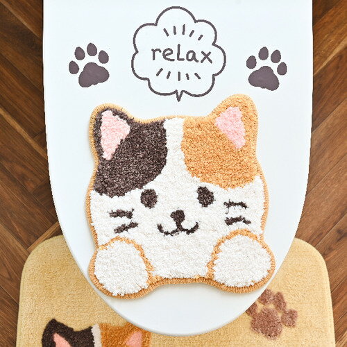 オカ ファンディットアニマル デコレーションマスコット ねこ 約27×24cm 洗える 吸着シート ベージュ●もこもこ可愛い、癒しのトイレ空間●洗えるマットともコーデOK