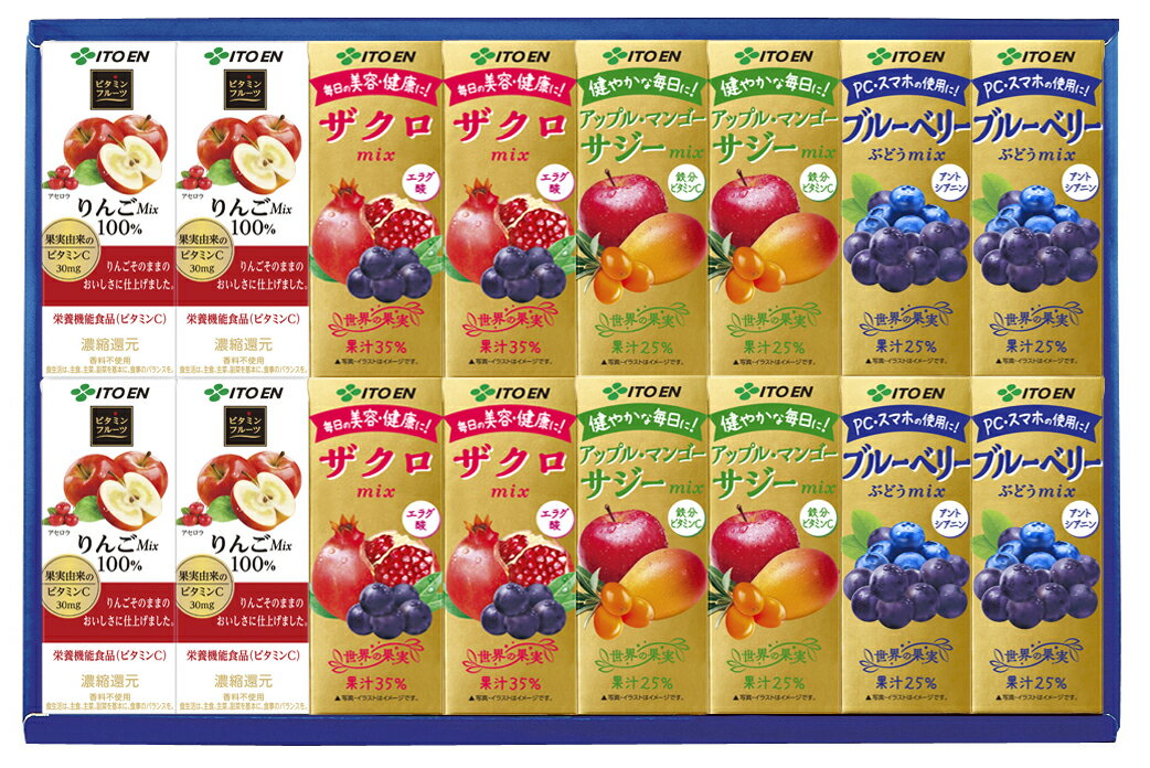 品名：IEA-04A 内容：りんごmix、ザクロmix、アップル・マンゴーサジーmix、ブルーベリーぶどうmix(各4本ずつ)