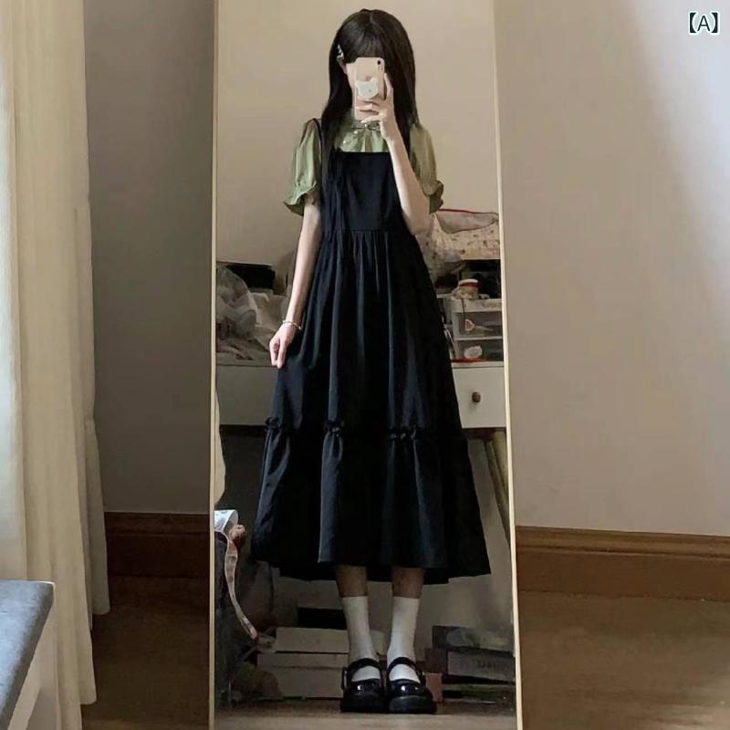 サスペンダーワンピース レディース 夏用 大きいサイズ 甘め 日系 ロング丈 学生向け・カテゴリ: ワンピース・風レトロ・主な素材: PVC 30%以下・ネックライン: スクエアネック・袖丈: 短袖・スカート丈: ミドル丈・スカート型: 仙...