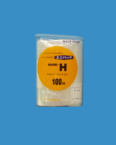 品番 jfmarkh 品名 ユニパック MARK-H チャック下×袋巾×厚み 240mm×170mm×0.04mm 材質 低密度ポリエチレン 1束入数 100枚　
