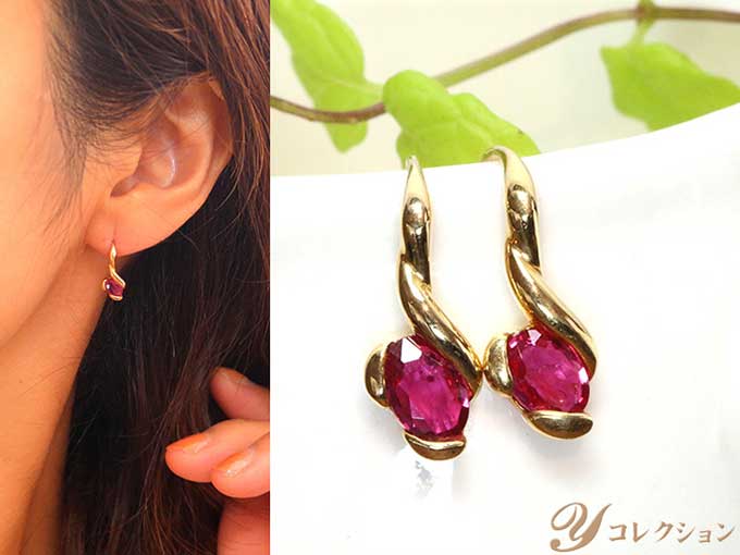 ─ Specスペック ─商品名 K18 ルビー　ピアス 石目 （カラット数） ルビーの大きさ：縦5〜6×横3.5〜4ミリ位 サイズ／重量 金具含む全体の縦16.4×最大幅6.3×厚み3.1ミリ位 重量　約1.9g ポスト直径 ポスト：直径0...