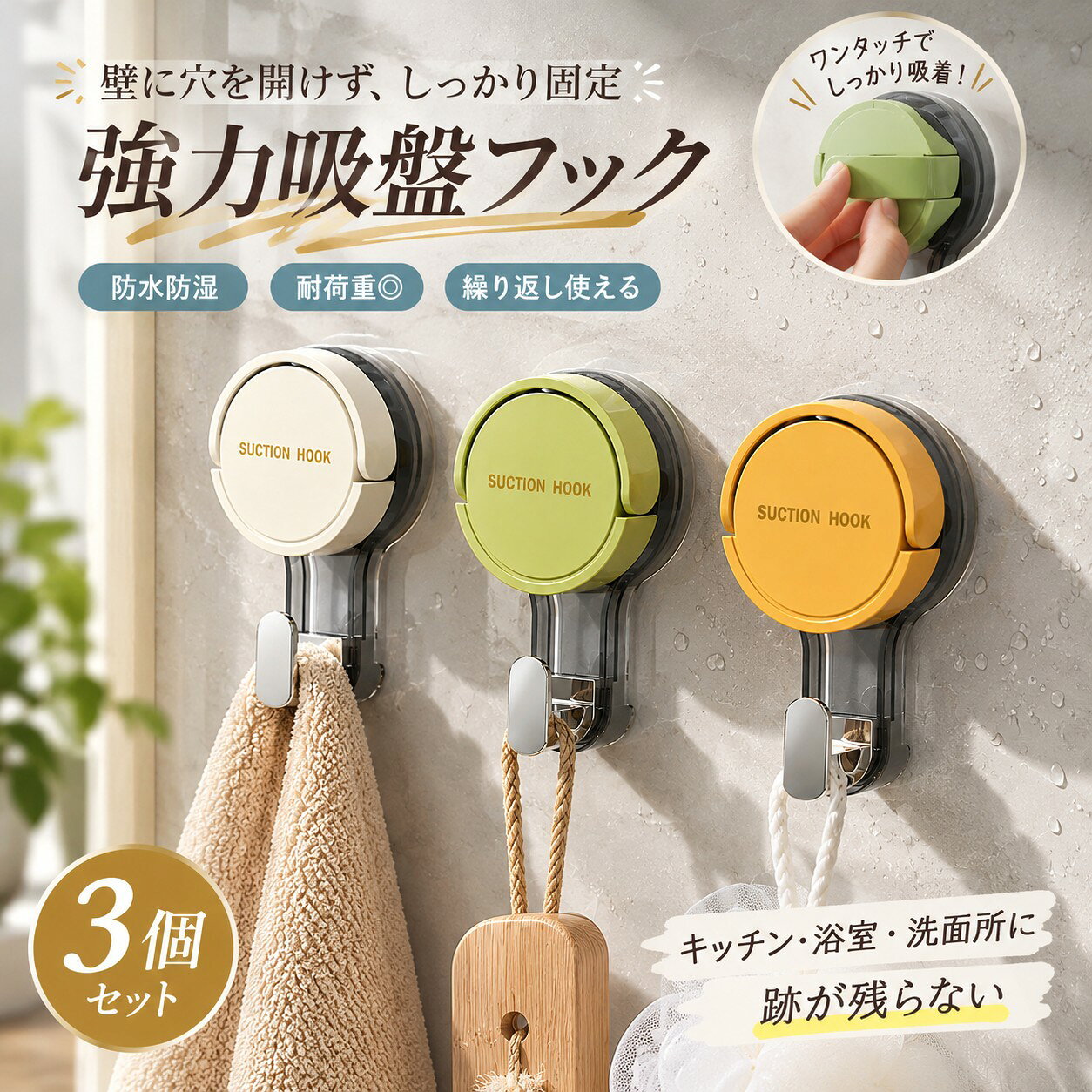 【商品詳細】 穴あけ不要の吸盤フックで、壁を傷つけずに簡単設置。強力な真空吸着構造でしっかり固定でき、浴室・キッチン・玄関など様々な場所の収納に便利です。取り外しや位置変更も簡単で、繰り返し使用できます。 【商品仕様】 商品名：吸盤フック ...