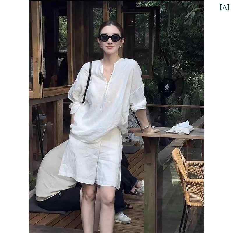 ・カテゴリ: カジュアルセットアップ ・性別: 女性 ・スタイル: 上品通勤、アーバン ・セットアップの種類: パンツセットアップ ・生地: 綿麻 ・主な素材: リネン ・主な素材の含有率: 95%以上 ・袖丈: 五分袖 ・袖のタイプ: フ...
