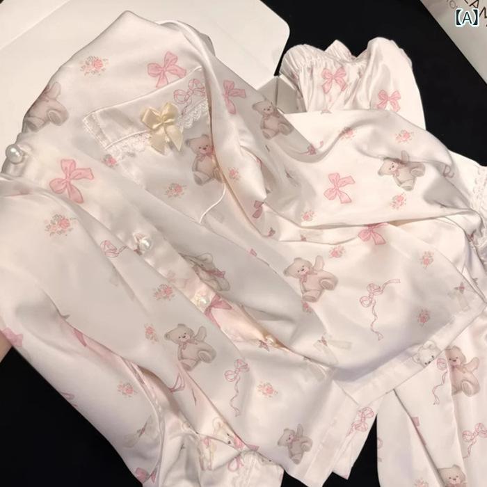 ・商品タイプ: パジャマ上下セット・生地: アイスシルク・袖丈: 長袖・パンツ丈: ロングパンツ・デザイン: クマ柄・レース・スタイル: かわいい・生地厚さ: 薄手・機能: 快適・ルームウェア・就寝用・対象: レディース・使用シーン: 室内...