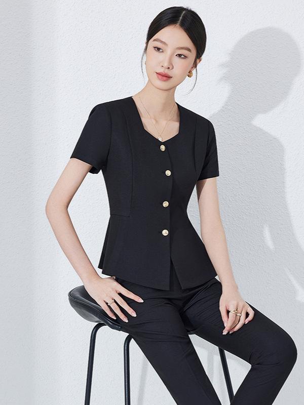 ・主な素材: ポリエステル95%以上・サイズ展開: S、M、L、XL、2XL、3XL、4XL・スタイル: OL通勤・スカート丈: ショート・袖型: 肩張り・袖丈: 七分袖