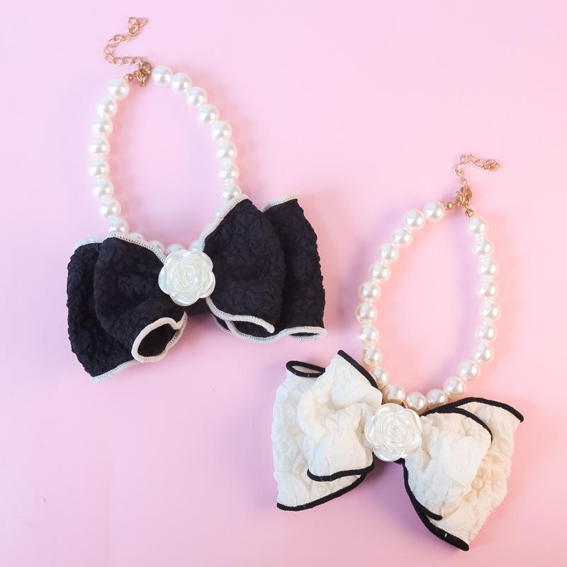 ペット 首輪 猫 犬 パール ネックレス チョーカー リボン ココ シャネル風 花柄 ブラック ホワイト ベージュ 千鳥格子 XS S M L かわいい おしゃれ・柄: 花卉・カラー: 黒色小香, 白色小香, 黒色千鸟格, 红色千鸟格, 黒...