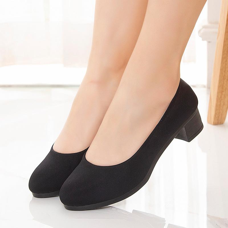 靴 レディース ワークシューズ プレーン 布靴 ハイヒール スリッポン ローカット ラウンドトゥ ぺたんこ靴 ソフト底 通気性 普段使い オフィス 立ち仕事 黒・流行の要素: 浅口.坡跟.太ヒール・靴のつま先の形状: ラウンドトゥ・靴の甲の...