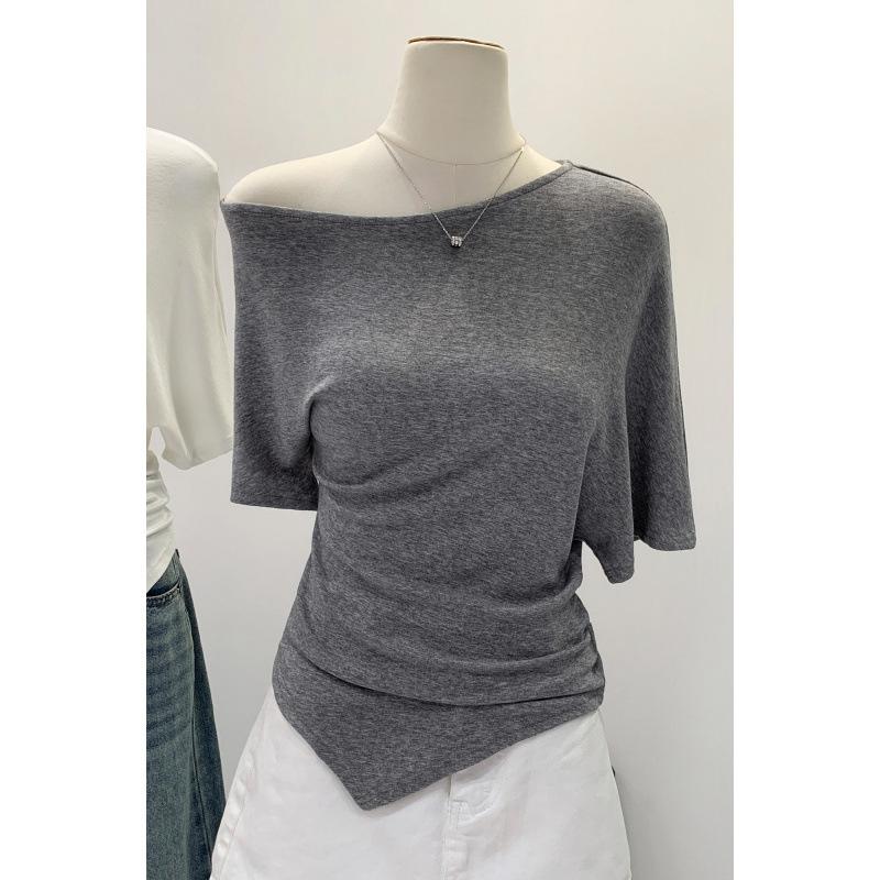 Tシャツ レディース 一字肩 半袖 トップス 再生繊維 接触冷感 無地 白 グレー 黒 オーバーサイズ ゆったり 通勤 きれいめ 上品・素材: 莱赛尔纤维・柄: 無地・袖丈: 半袖・フィット: オーバーサイズ・ネックライン: 斜めネック・袖...