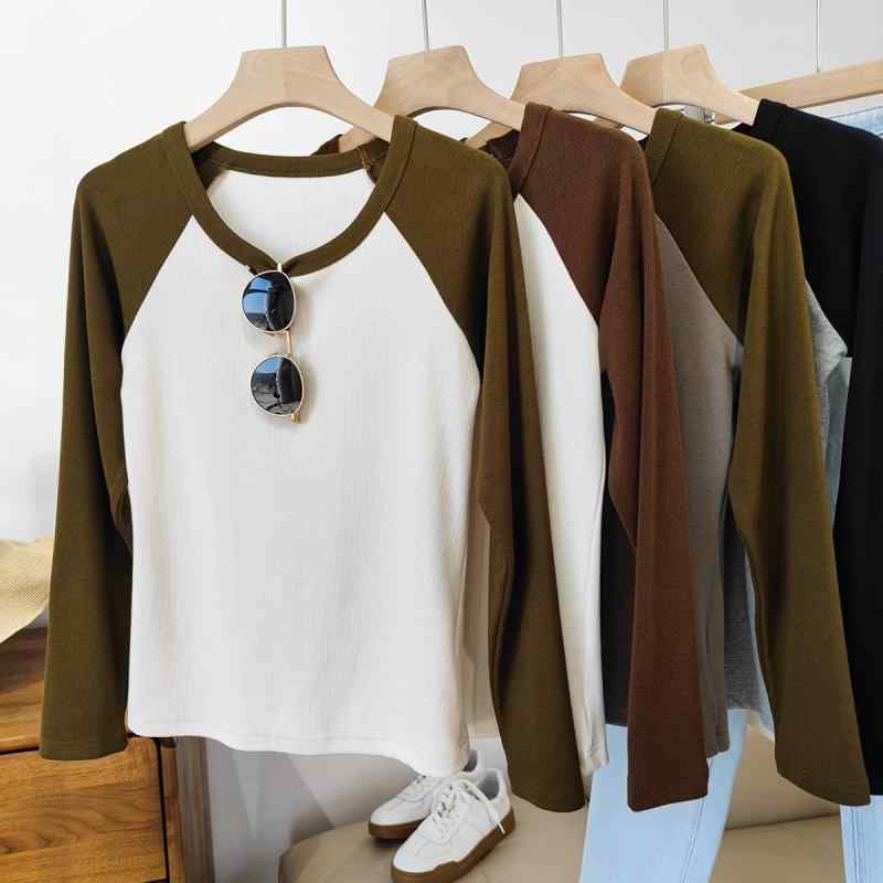Tシャツ レディース 長袖 再生繊維 配色 ラウンドネック プルオーバー トップス カットソー スリムフィット 春秋 カジュアル・素材: 粘胶纤维・柄: 拼色・スタイル: プルオーバー・袖丈: 長袖・版型: 修身型・着丈: 超短丈(40cm...