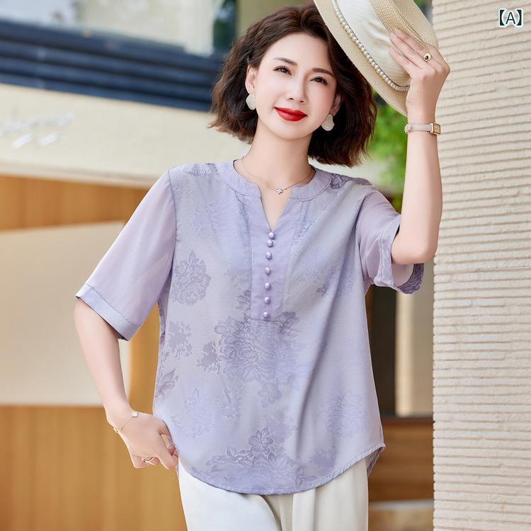 Tシャツ レディース ミセス Vネック 花柄 5分袖 薄手 ゆったり 普段使い おしゃれ着 ポリエステル レトロ パープル系 ベージュ系