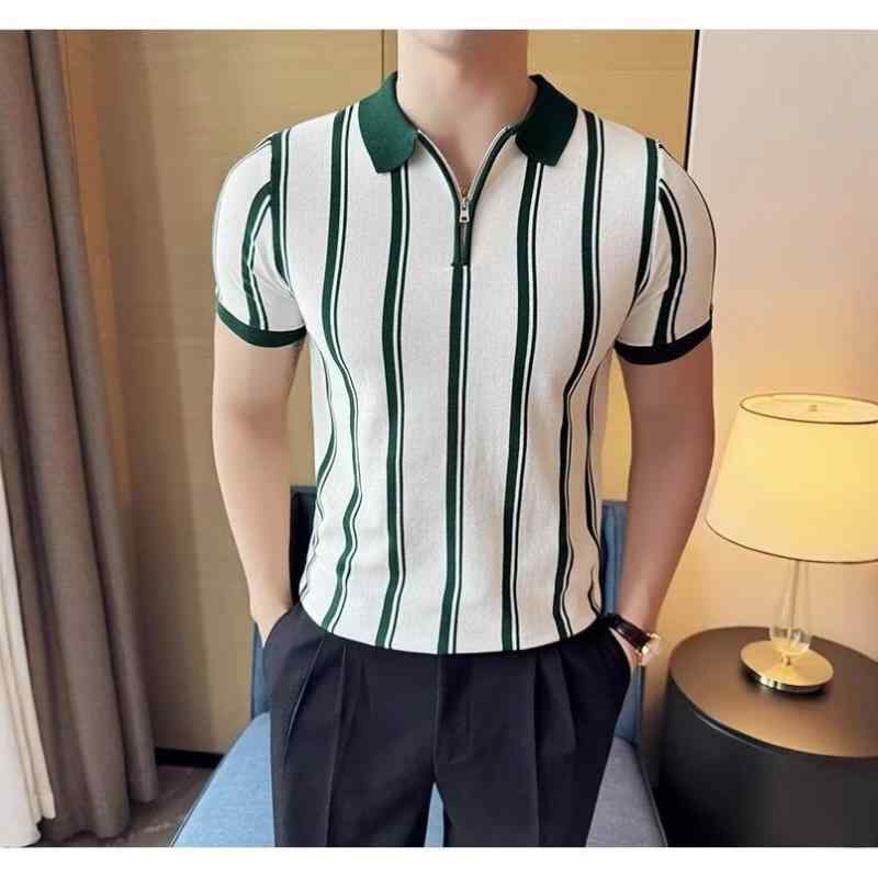 Tシャツ メンズ 半袖 ポロシャツ風 接触冷感 接触冷感 襟付き トップス スキッパーネック カットソー 涼しい クールビズ スリム 細身 ボーダー柄 春夏