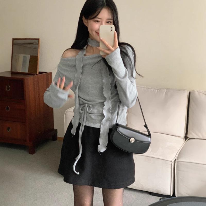 Tシャツ レディース 春秋 長袖 カットソー 法式 レトロ 切り替え デザイン 襟付き 肌見せ スリムフィット トップス グレー グレー系 アイボリー