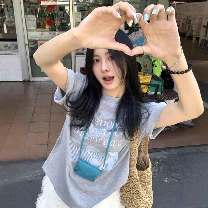 Tシャツ レディース 半袖 美式 レトロ リラックス 地球 アルファベット プリント ゆったり トップス カットソー ラウンドネック 春夏