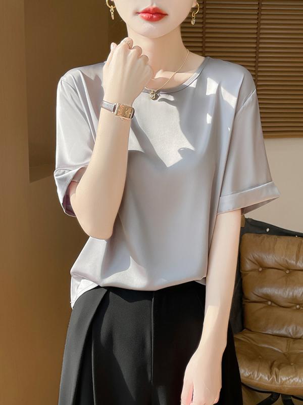 Tシャツ レディース 接触冷感 接触冷感 サテン 無地 半袖 カットソー トップス プルオーバー ラウンドネック 通勤 ゆったり きれいめ おしゃれ 桜色 ピンク系 シャンパン オフホワイト 白 イエロー 赤 シルバーグレー 黒
