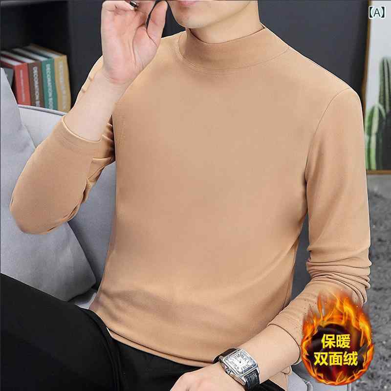 Tシャツ メンズ 男性用 秋冬 ハイネック 長袖 無地 あったか インナー トップス ストレッチ 伸縮性 スリム フィット 部屋着 普段使い ポリエステル