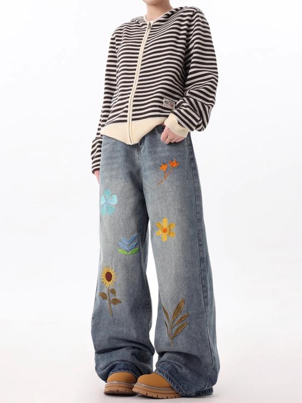 デニム レディース メンズ ジーンズ 花柄 刺繡 ウォッシュ加工 ストレートパンツ ジーパン ズボン 韓国風 カジュアル ゆったり