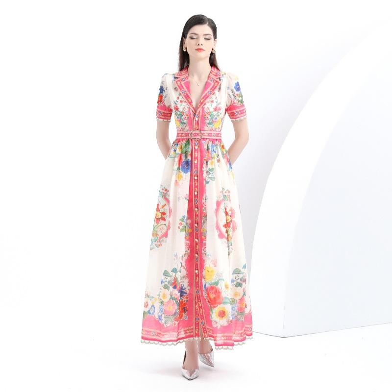 ワンピース レディース 春夏 Vネック 七分袖 プリント ロングワンピース ウエスト切り替え チャイナ風 ピンク系・スカート丈: ミディ丈・ネックライン: ポロネック・袖: パフスリーブ・袖丈: 七分袖・テイスト: 文芸.レトロ.チャイナ風...