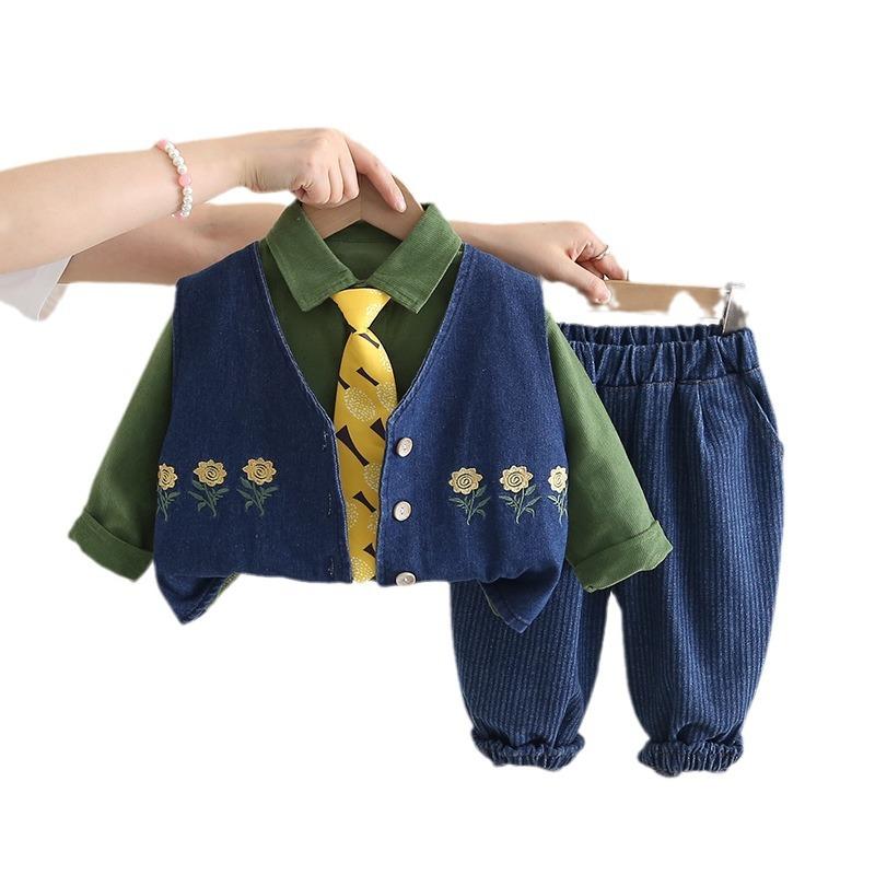 子供服 長袖シャツ パンツ ベスト 3点セット 韓国風 ベビー服 男の子 乳幼児 春秋 かわいい 普段着