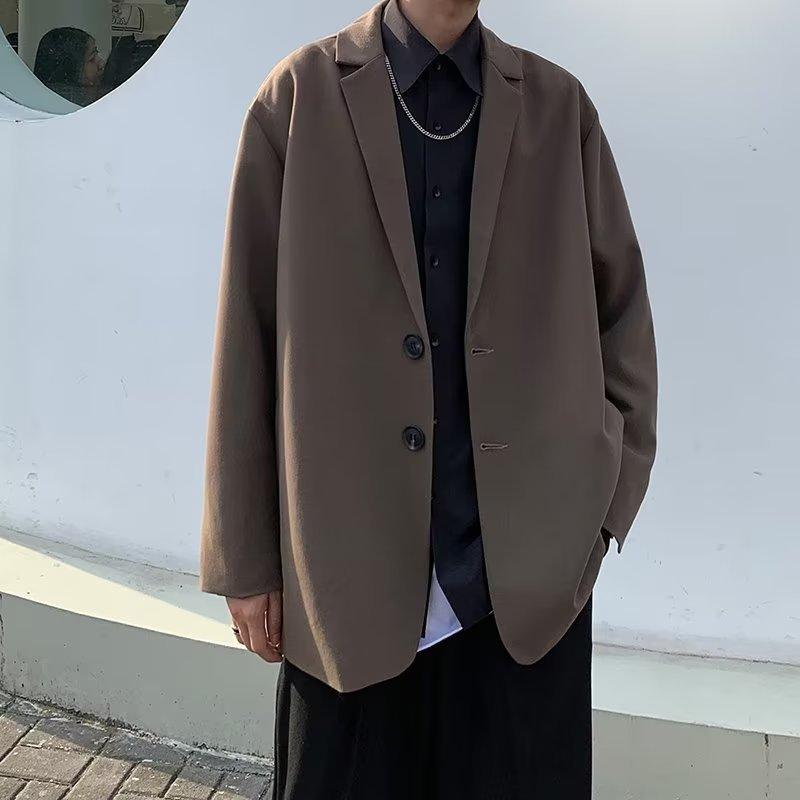 ジャケット 男性用 ゆったり テーラードジャケット 無地 ポリエステル 韓国 インスタ 普段使い ブラック ダークブラウン