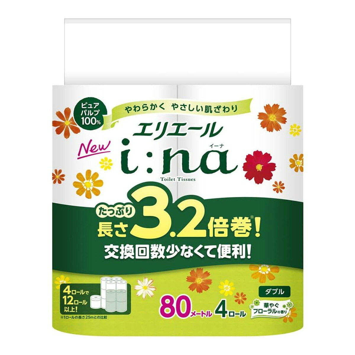 商品名：大王製紙 エリエール i:na イーナ トイレット 3.2倍巻 華やぐフローラルの香り ダブル 80m×4ロール内容量：80m×4ロールJANコード：4902011825923発売元、製造元、輸入元又は販売元：大王製紙原産国：日本商...