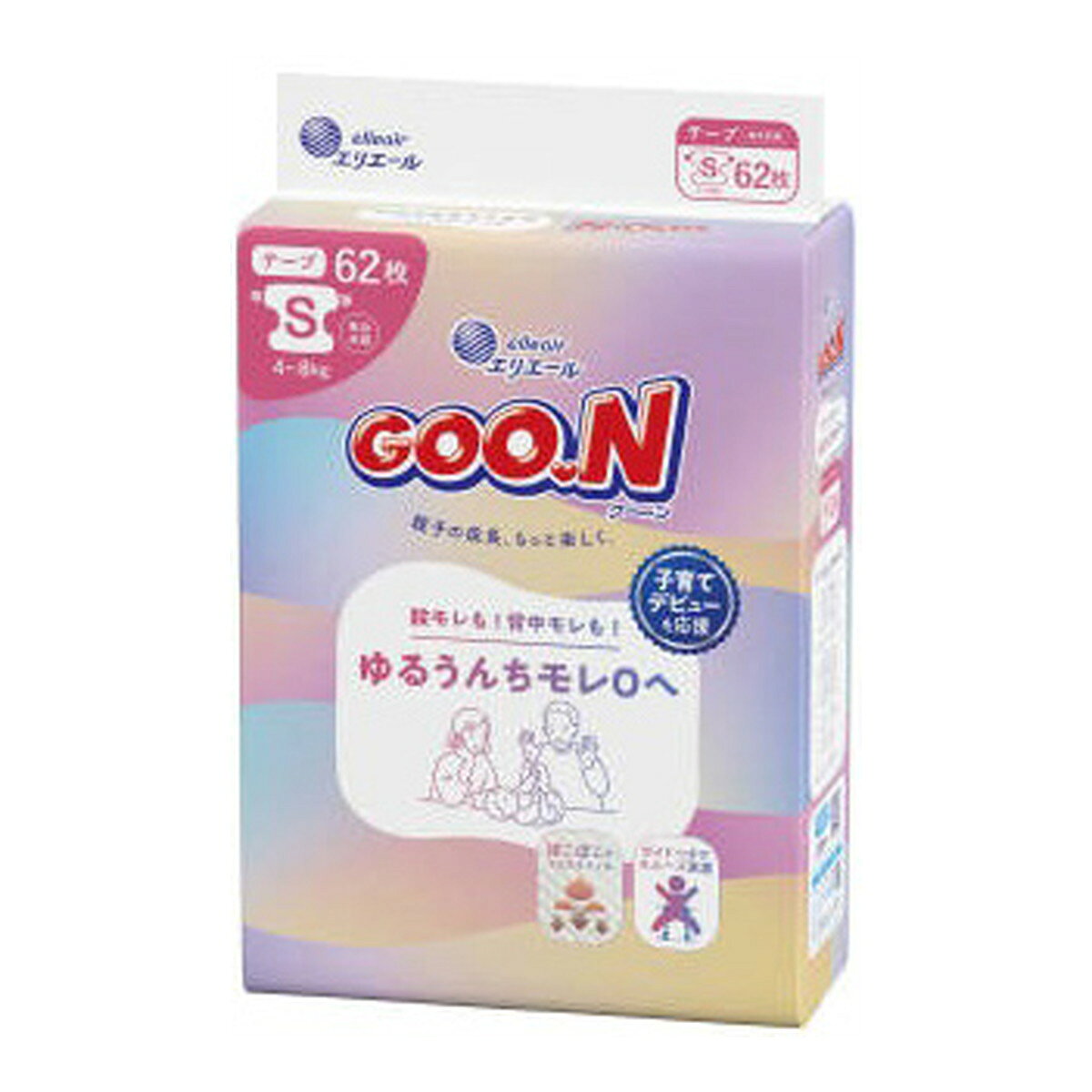 商品名：グーン ゆるうんちモレ0へ Sサイズ テープ 62枚 こども用紙おむつ内容量：62枚JANコード：4902011124309発売元、製造元、輸入元又は販売元：大王製紙原産国：日本商品番号：101-4902011124309商品説明マ...