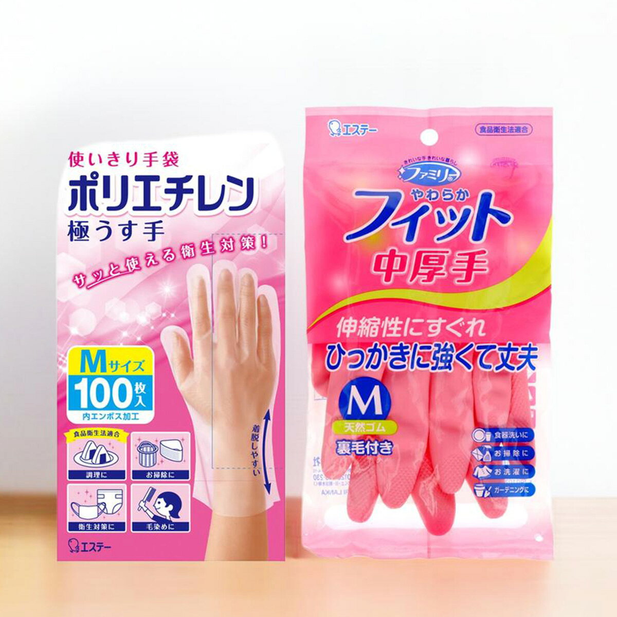 セット内容「エステー 使いきり手袋 ポリエチレン 極うす手 Mサイズ 半透明 100枚入」と「エステー ファミリー やわらかフィット 天然ゴム 中厚手 Mサイズ ピンク」のセットです。--------------------------商品...