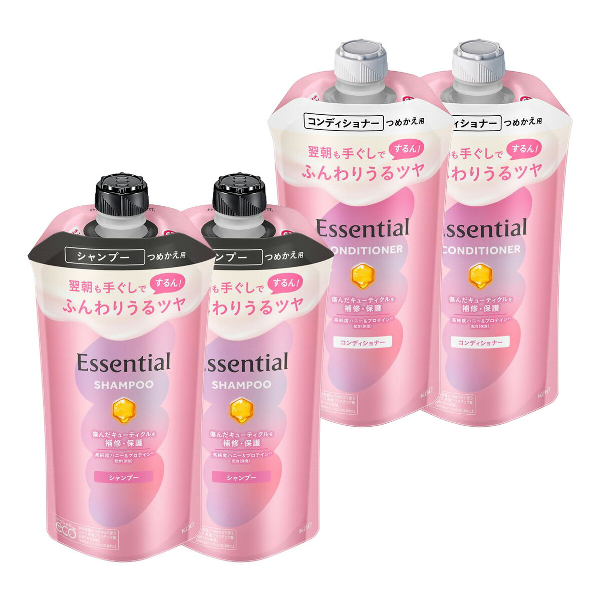 セット内容・花王 エッセンシャル ふんわりうるツヤ シャンプー つめかえ用 300mL×2個・花王 エッセンシャル ふんわりうるツヤ コンディショナー つめかえ用 300mL×2個上記、4点セットです。-------------------...