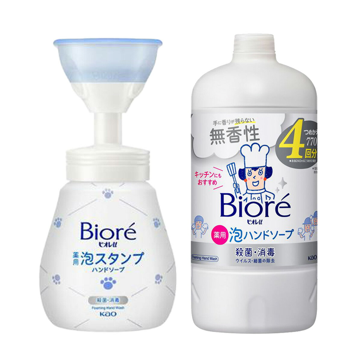 セット内容・花王 ビオレu 薬用 泡スタンプ ハンドソープ にくきゅう 本体 240mL・花王 ビオレu 薬用 泡ハンドソープ 無香性 つめかえ用 770ml上記、2個セットです。--------------------------商品名：...
