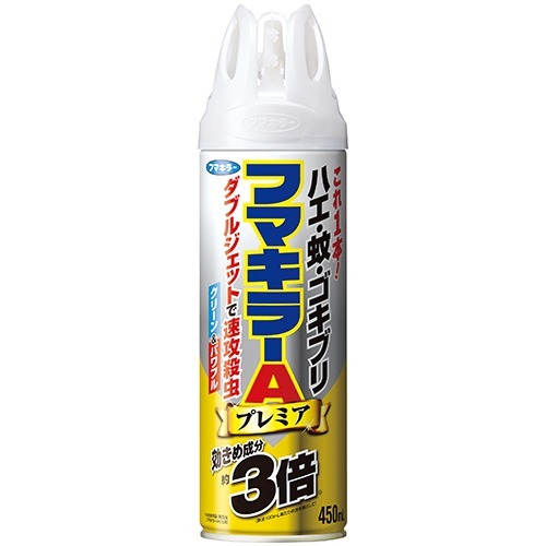 区分：防除用医薬部外品商品名：フマキラー Aダブルジェット プレミア 450ML内容量：450mlブランド：フマキラー原産国：日本一本でハエ・蚊に効くノックダウン成分と致死成分量を約3倍に増量（製品100MLあたりの含有量として）。＊当社従...